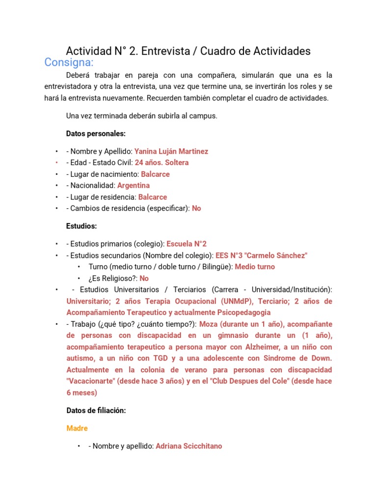 Actividad N 2. Proceso OVO. Entrevista Cuadro de Actividades | PDF