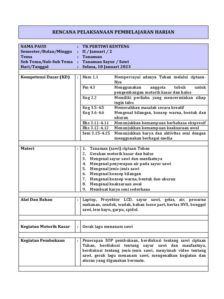 Rencana Pelaksanaan Pembelajaran Harian | PDF