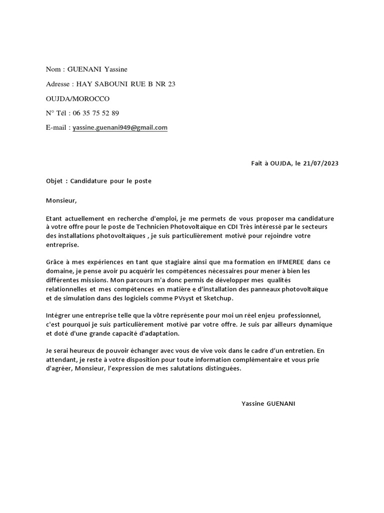 Candidature au poste de Technicien Photovoltaïque | PDF | Évolution de ...