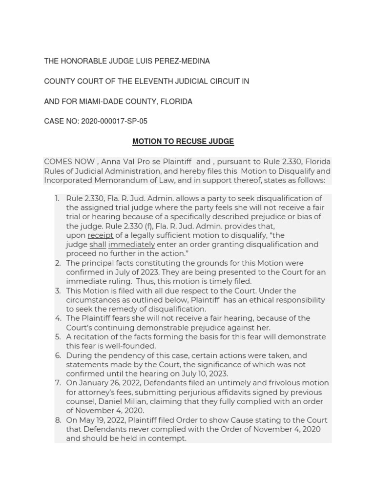 Motion to Recuse Judge for Bias | PDF | Burden Of Proof (Law ...