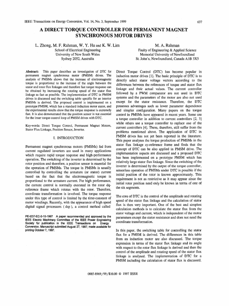 A Direct Torque Controller For Permanent Magnet Synchronous Motor ...