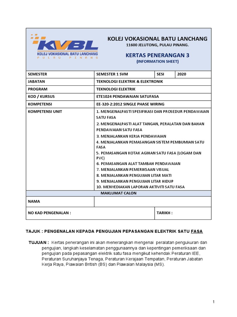 PP 3 - Pengenalan Pengujian Pepasangan Elektrik Satu Fasa | PDF