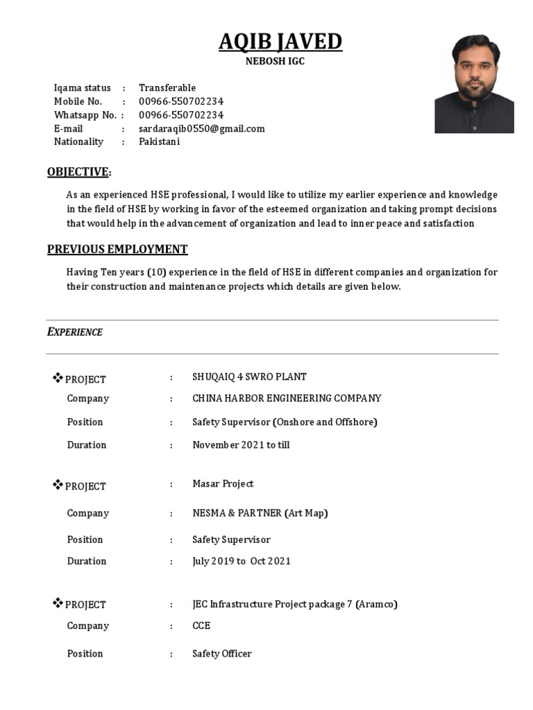 Aqib Javed Cv And Documents Pdf Safety Occupational Safety And Health 