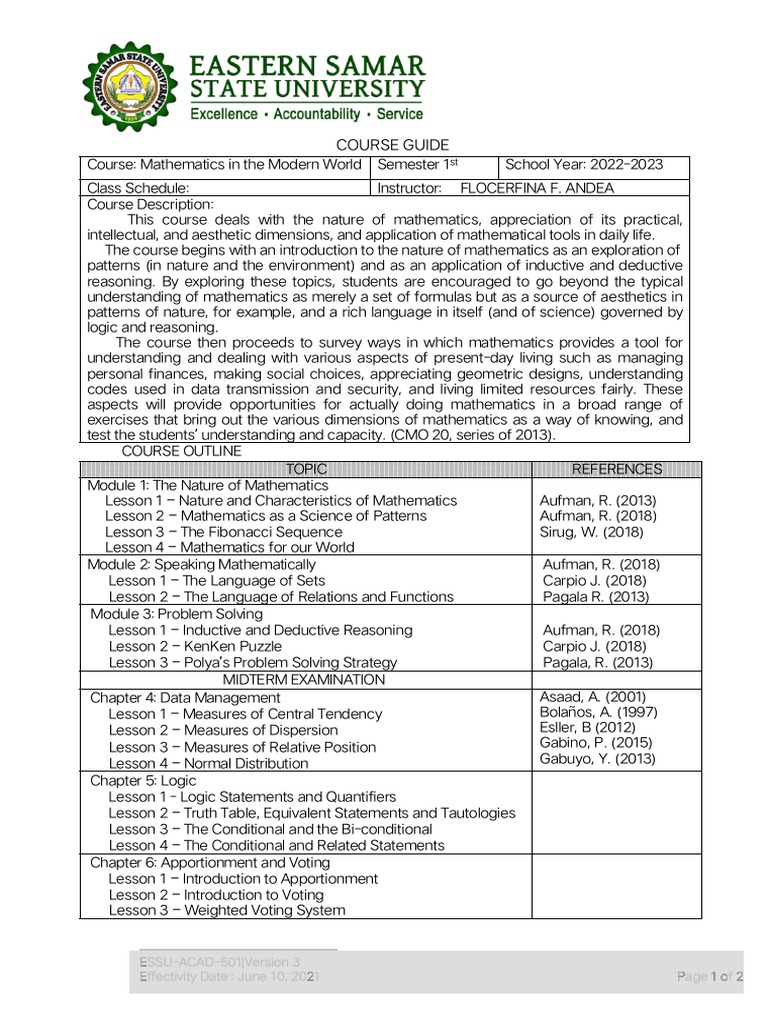 Course Guide 2022 2023 Math in Modern World MMW | PDF | Mathematics ...