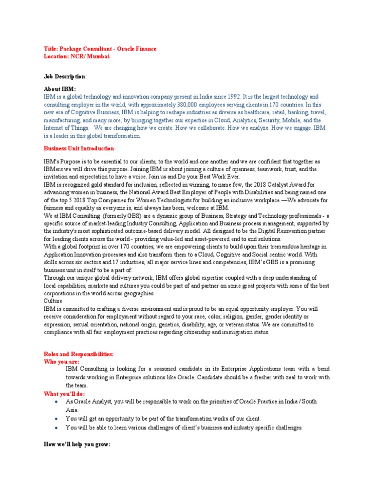 JD - Package Consultant Oracle Finance | PDF | Ibm | Gender Studies JD - Package Consultant Oracle Finance | PDF | Ibm | Gender Studies