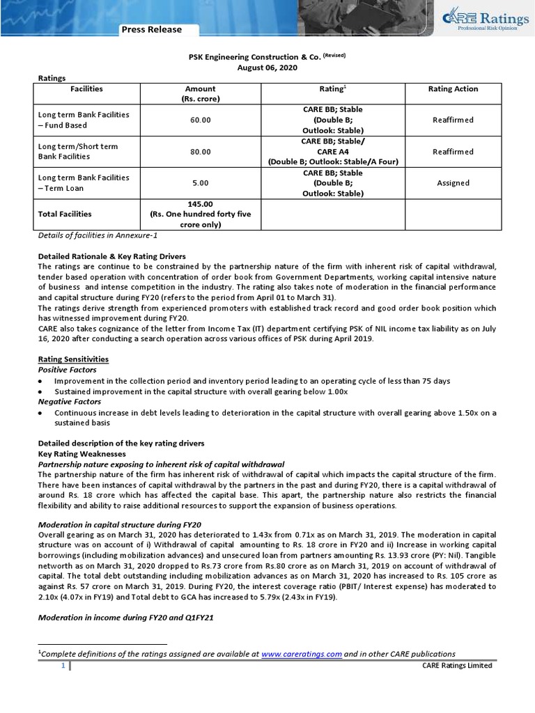 PSK Engineering Construction Credit Rating | PDF | Capital Structure | Debt