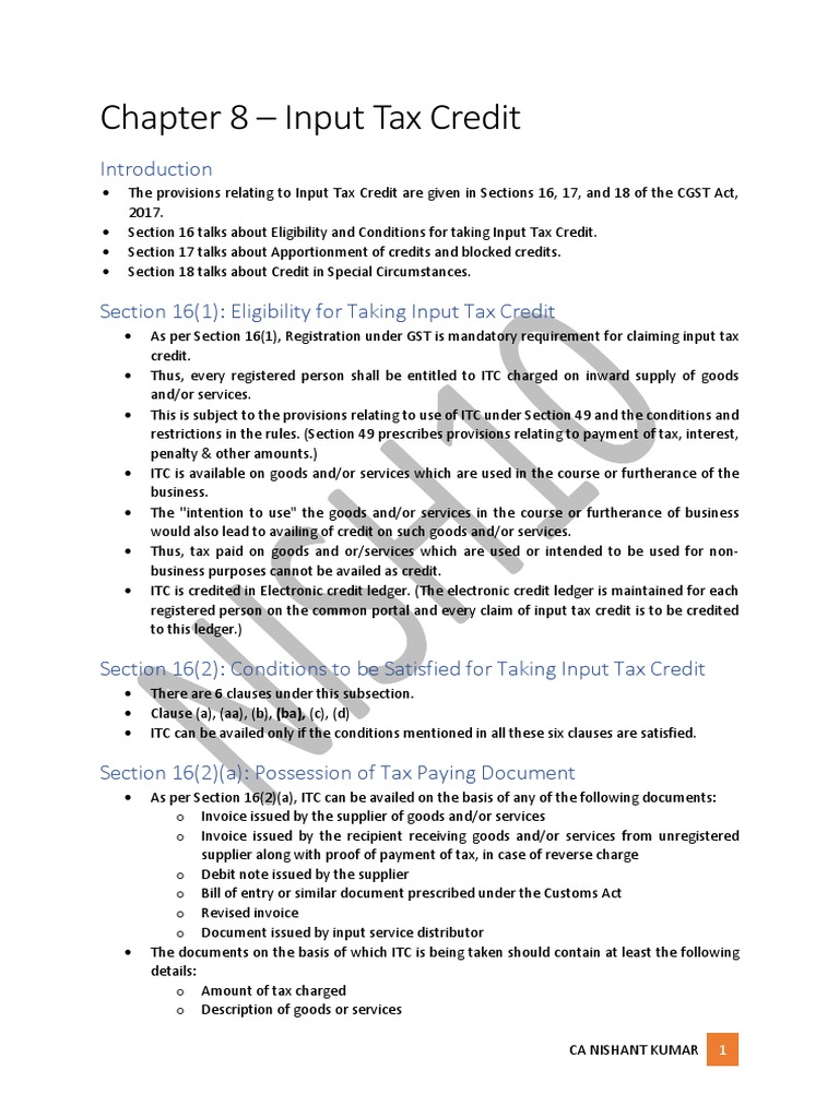 Chapter 8 - Input Tax Credit - Notes | PDF | Invoice | Taxes