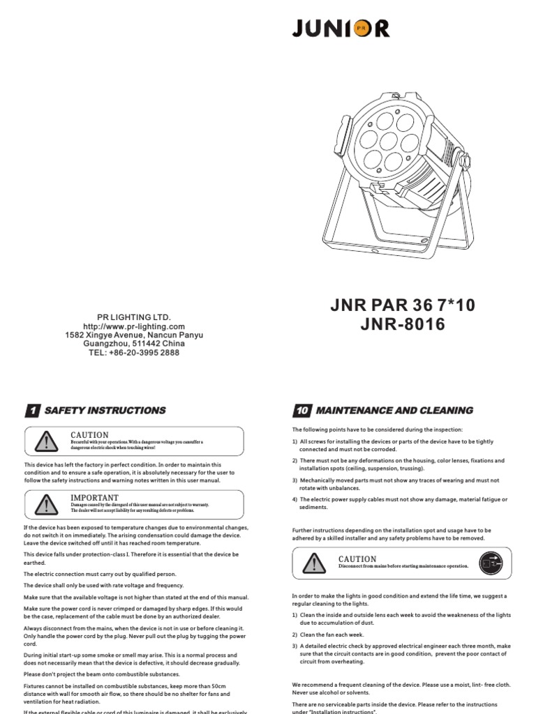 JNR PAR 36 7 10 JNR-8016: PR Lighting Ltd. 1582 Xingye Avenue, Nancun ...