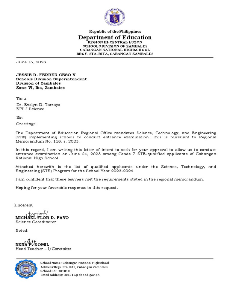 Cabangan NHS - Letter of Intent | PDF