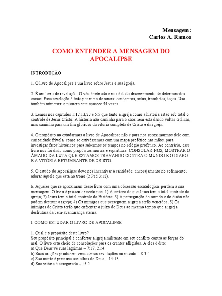 Apocalipse - COMO ENTENDER A MENSAGEM DO Apocalipse. 1 - Mens. Carlos A. Ramos | PDF | Livro do ...