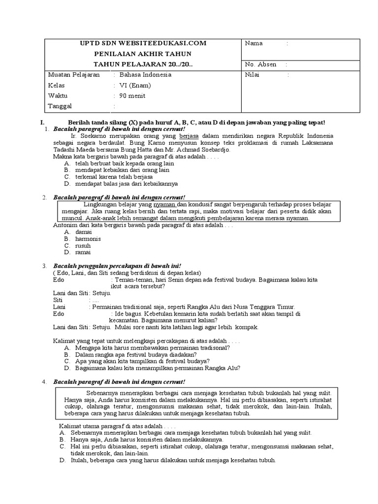 Soal PAT Kelas 6 SD - Bahasa Indonesia | PDF