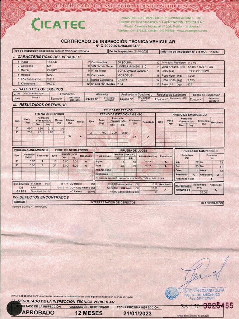 Certificado Vehicular Minivan | PDF