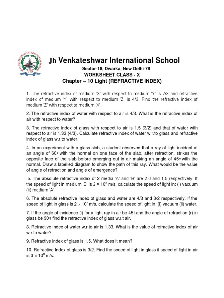 WORKSHEET On REFRACTIVE INDEX CH - 10 Light Class - X | PDF | Refraction | Refractive Index