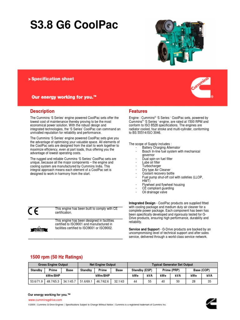 S3.8 G6 Coolpac: Description Features | PDF | Engines | Horsepower