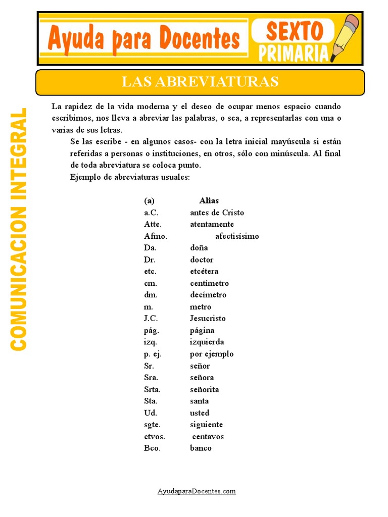 Las Abreviaturas para Sexto de Primaria | PDF | Lexicología | Lingüística