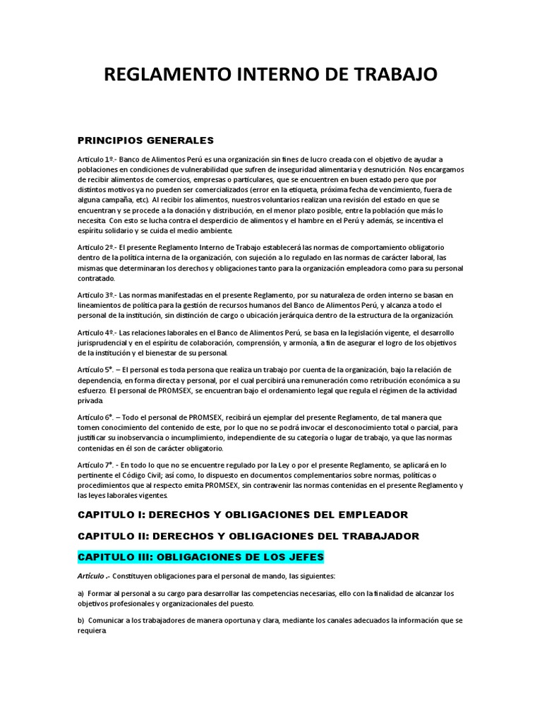 Reglamento Interno de Trabajo - Banco de Alimentos Peru 2 | PDF | Derecho laboral | Gestión de ...