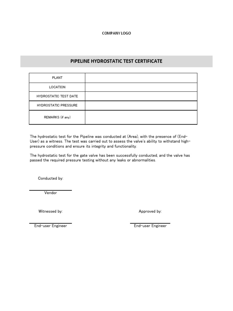 Pipeline Hydrostatic Test Certificate | PDF