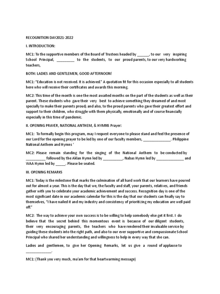 RECOGNITION DAY Script | PDF