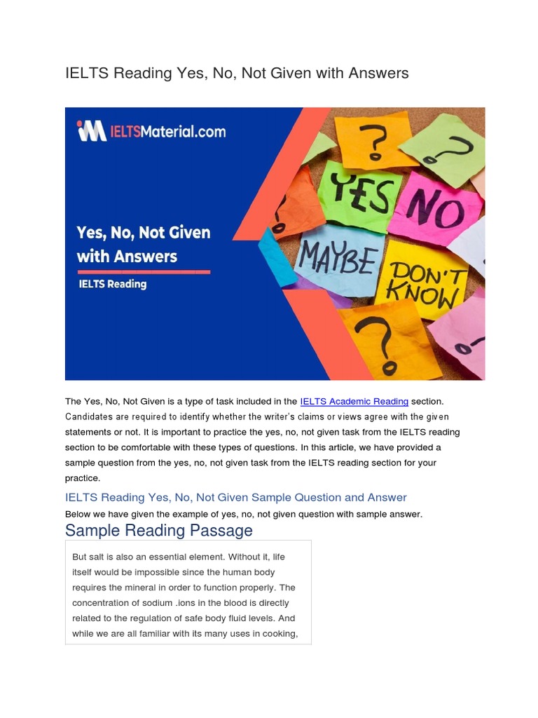 IELTS Reading Yes, No, Not Given Tips | Download Free PDF | Obesity | Salt