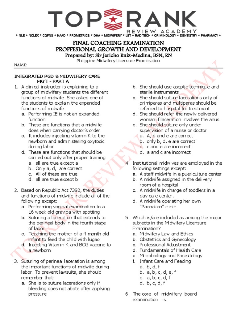 Midwifery Board Exam Final Coaching | PDF | Midwife | Midwifery