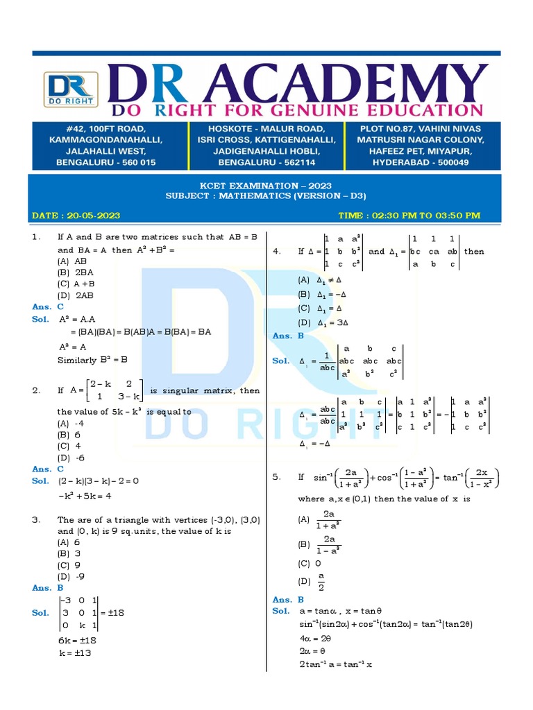 Mathematics Kcet 2023 | PDF | Matrix (Mathematics) | Slope