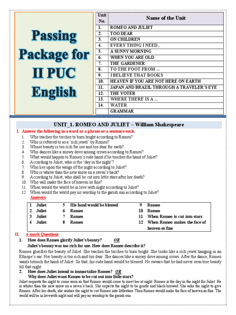 II PUC English Exam Package | PDF | Romeo And Juliet | Heaven