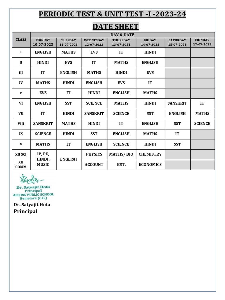 Pt-I Exam Date Sheet - 2023-24 | PDF