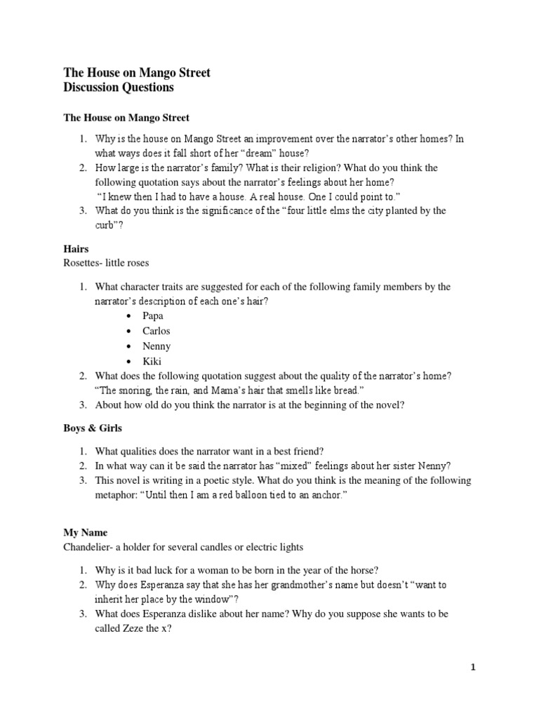 House On Mango Street Study Questions | PDF