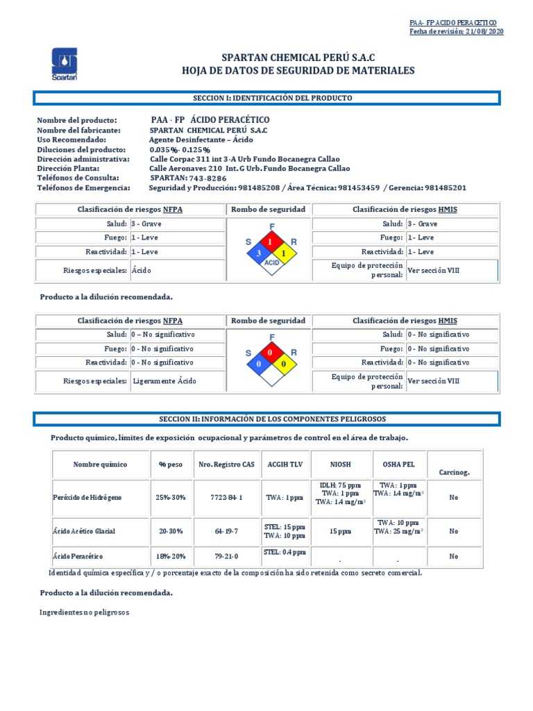 Hoja de Seguridad: Ácido Peracético | PDF | Agua | Quemar
