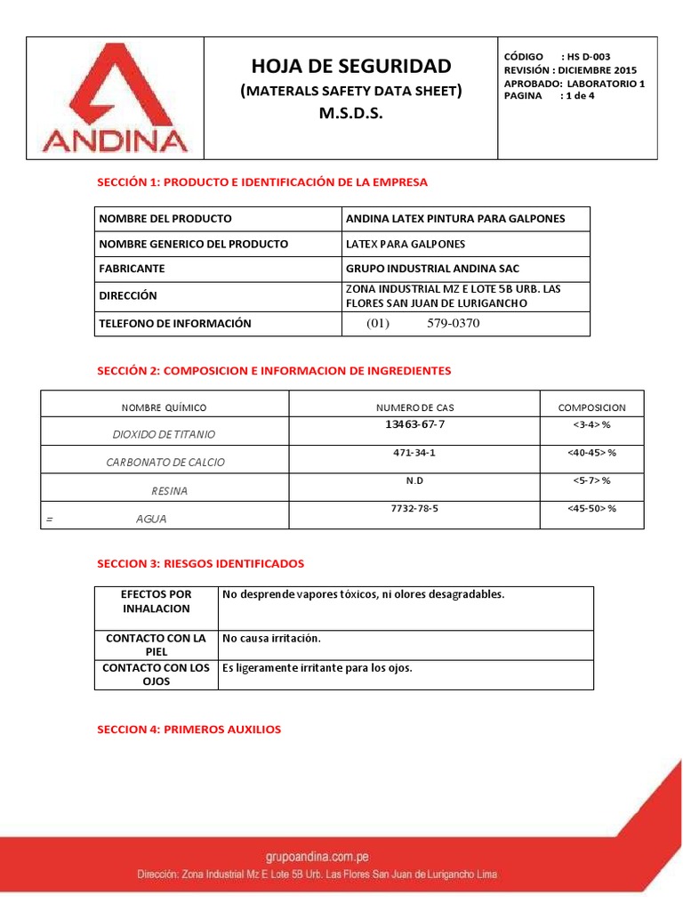 Pintura Andina - MSDS Latex Galpon | PDF | Agua | Laboratorios