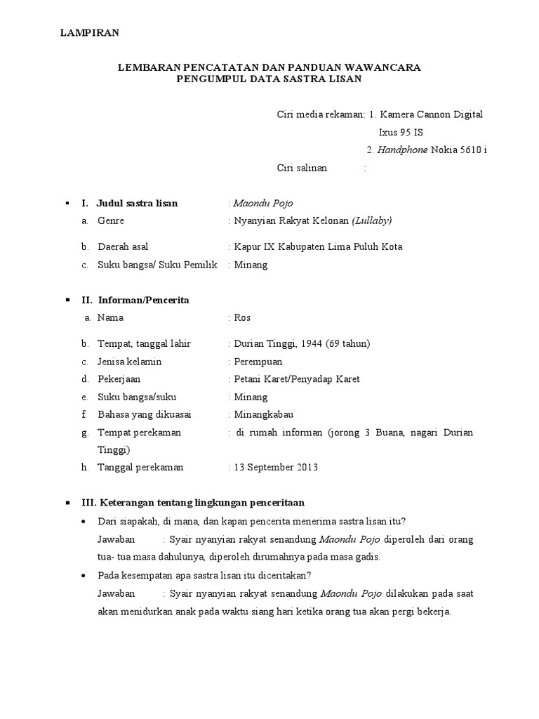Contoh LEMBARAN PENCATATAN DAN PANDUAN WAWANCARA | PDF