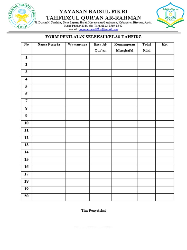 Form Penilaian Seleksi Kelas Tahfidz | PDF