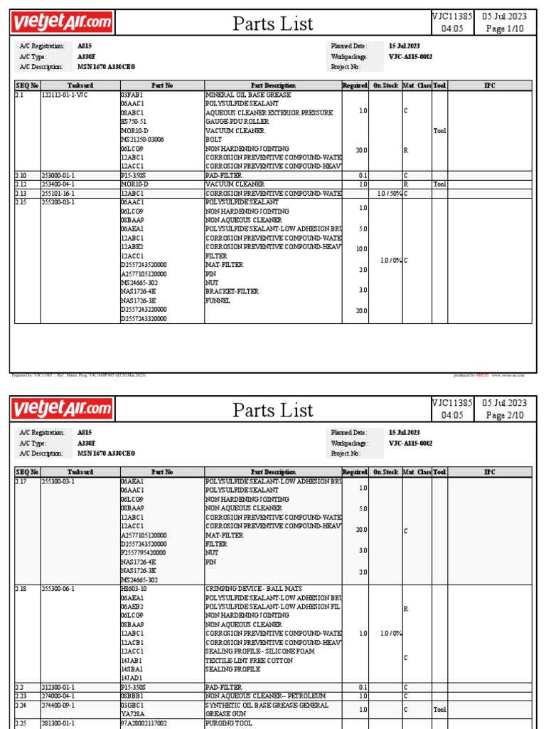 A330F Parts List and Maintenance Tools | PDF | Materials | Industrial Processes