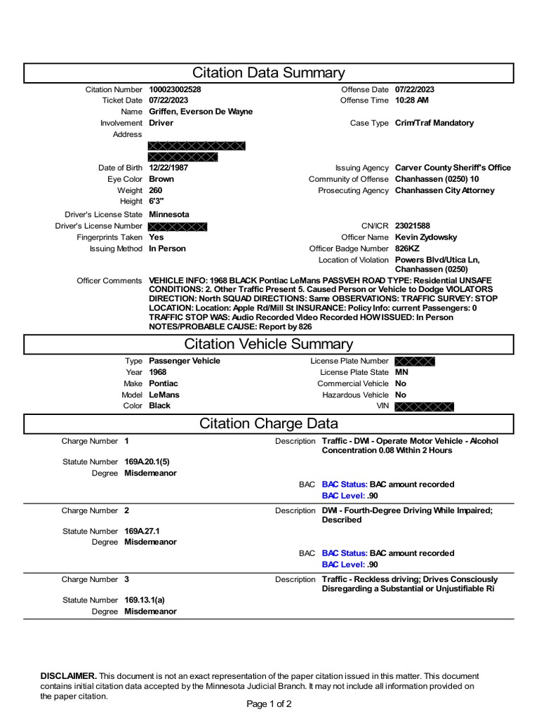 Everson Griffen Citation Data Summary | PDF | Driving Under The ...