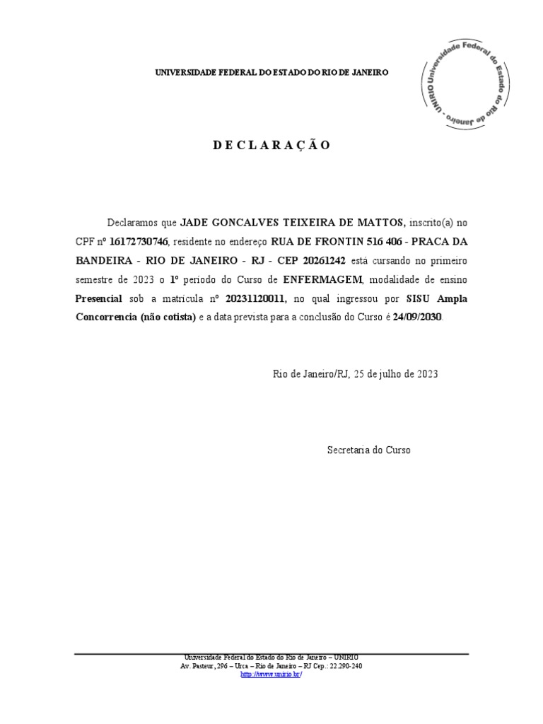 Jade Goncalves Teixeira de Mattos - Declaração de Riocard | PDF