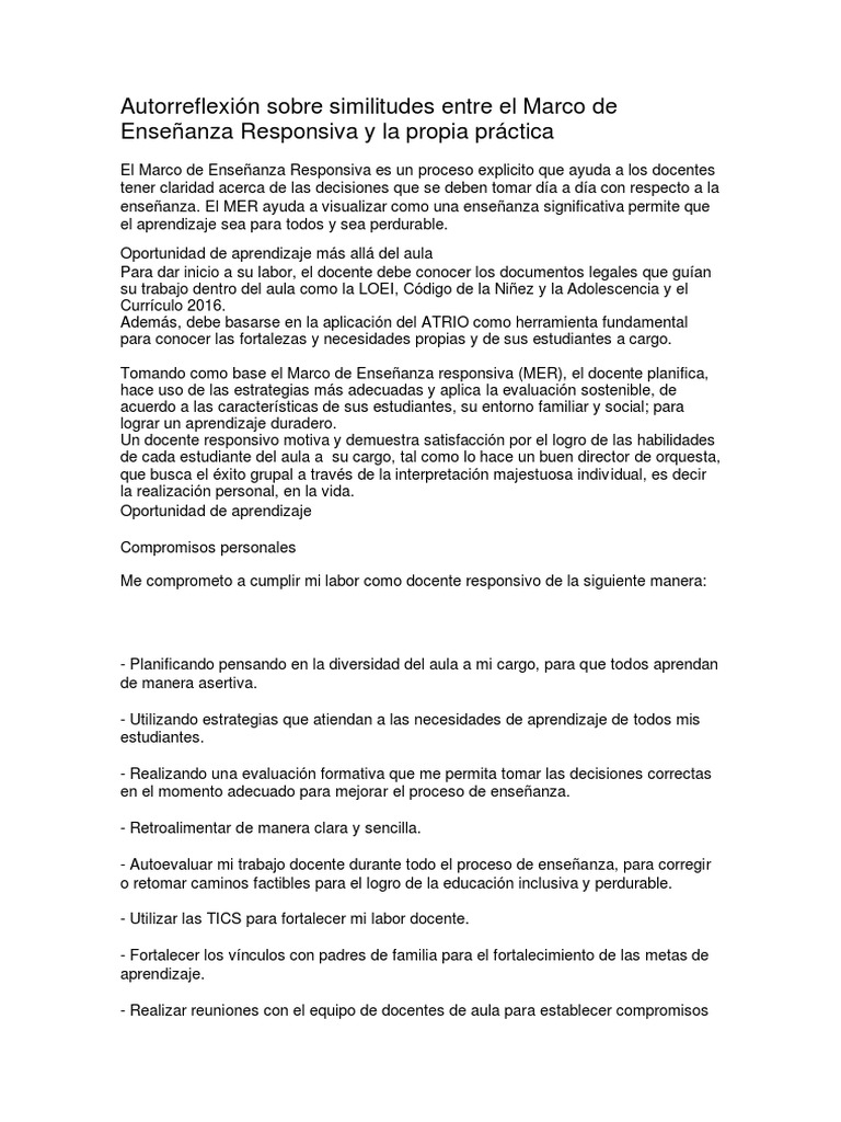 Autorreflexión Sobre Similitudes Entre El Marco de Enseñanza Responsiva ...