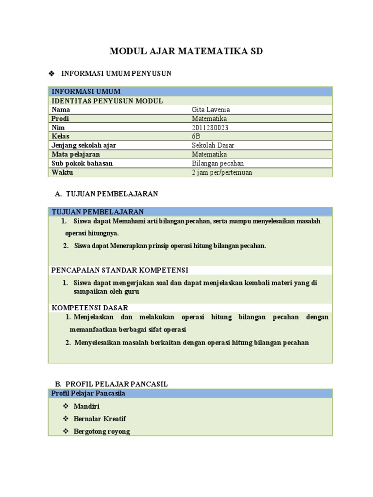 MODUL AJAR MATEMATIKA SD 1. Gita | PDF | Karier & Perkembangan | Kajian ...