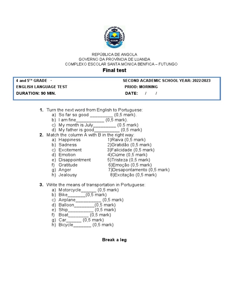 English Test for Grades 4-6 | PDF | Emotions | Neuropsychological ...