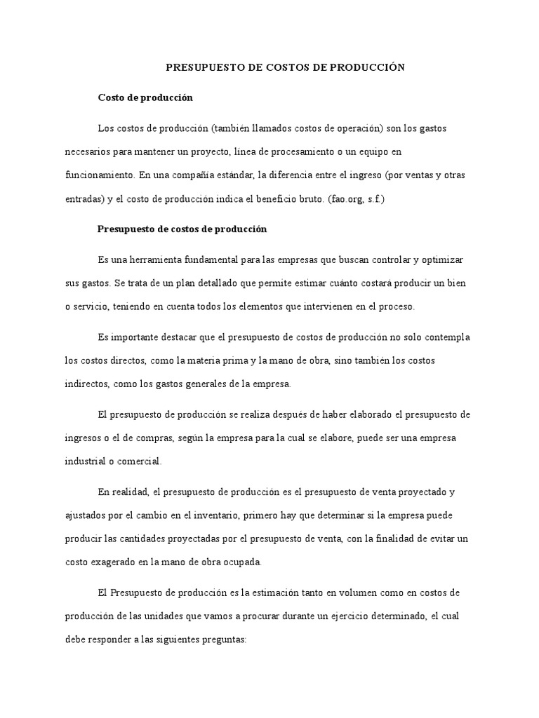 Presupuesto de Costo de Producción | PDF | Presupuesto | Business