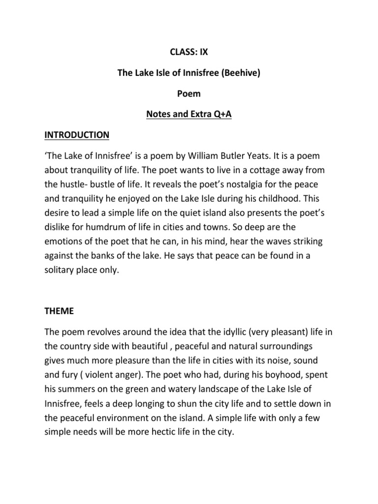 The Lake Isle of Innisfree (Notes and Extra Q+A) | PDF | Poetry