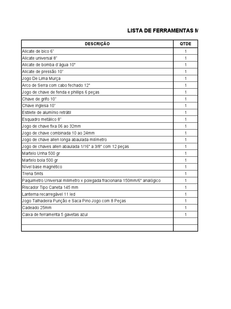 Lista de Ferramentas Mecânico | PDF | Metalurgia | Bens manufaturados