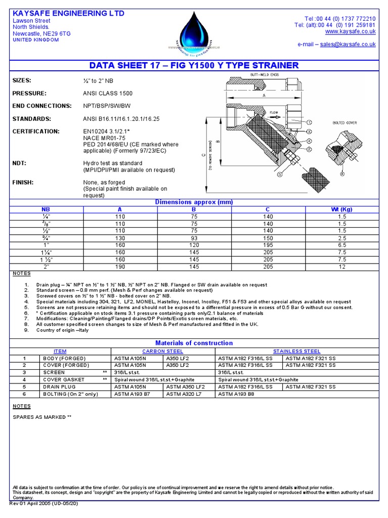 Kaysafe Engineering - DATA SHEET 17 - FIG Y1500 Y TYPE STRAINER | PDF | Building Materials ...