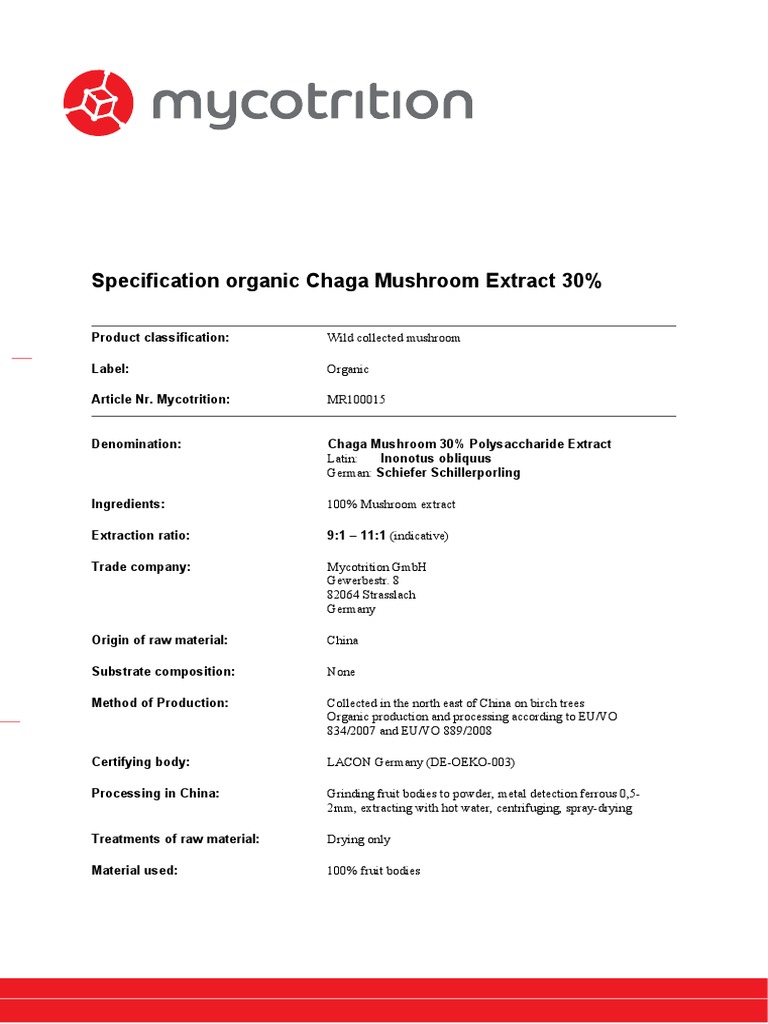 Technical Sheet Specification-Organic-Chaga-Extract | PDF | Mushroom ...