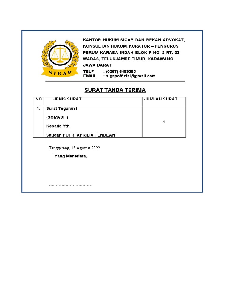 Contoh Surat Tanda Terima Somasi | PDF