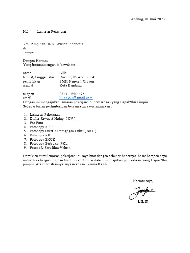 Surat Lamaran Lilis Pdf