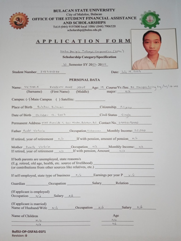 BulSU - Application Form For Scholarship (MPTC) | PDF