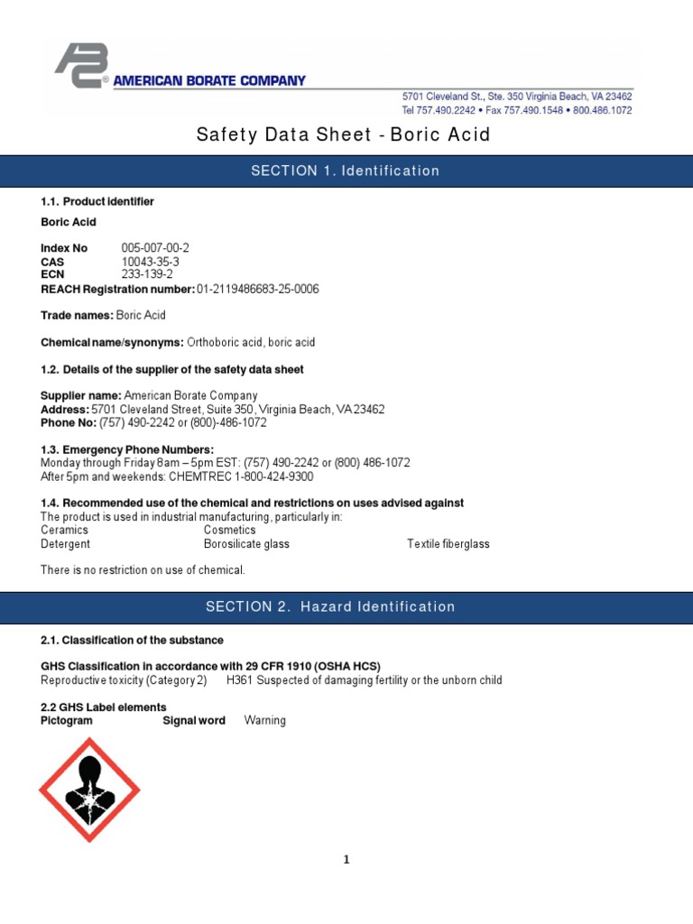 Boric Acid, American Borate Co - SDS | PDF | Toxicity | Dangerous Goods