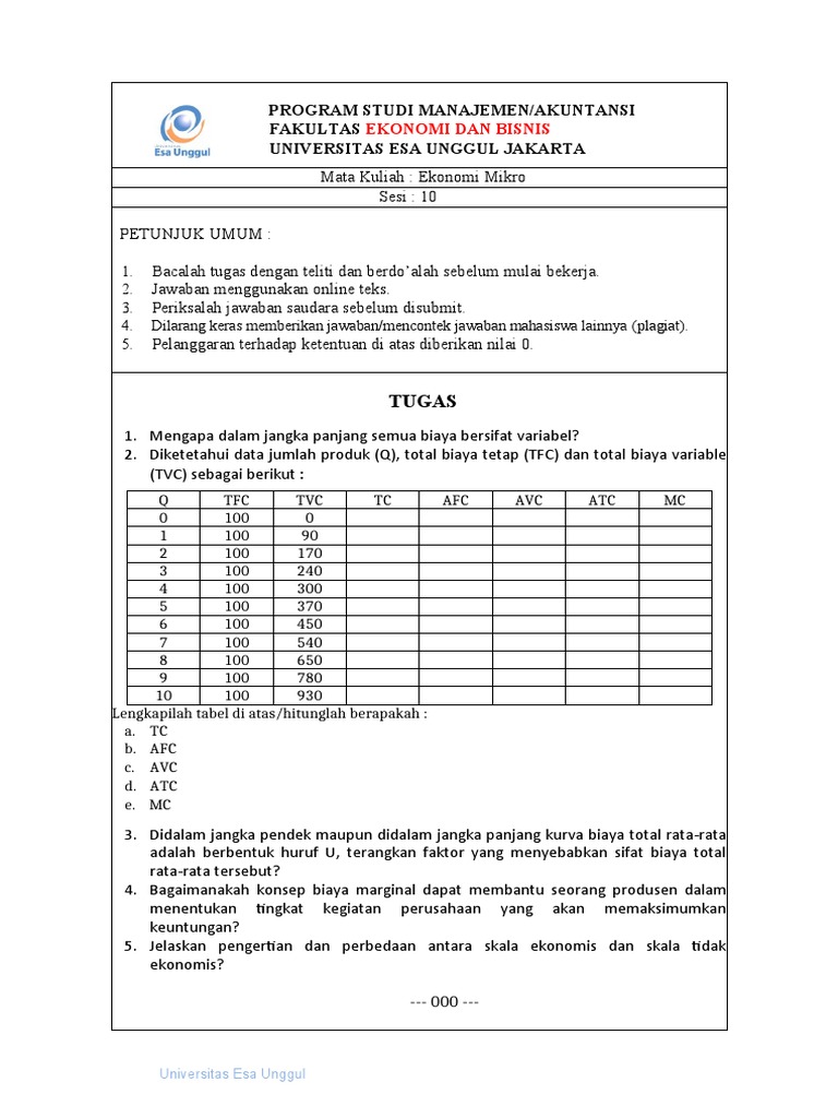 Ekonomi Mikro Tugas Perkuliahan Sesi 10 | PDF