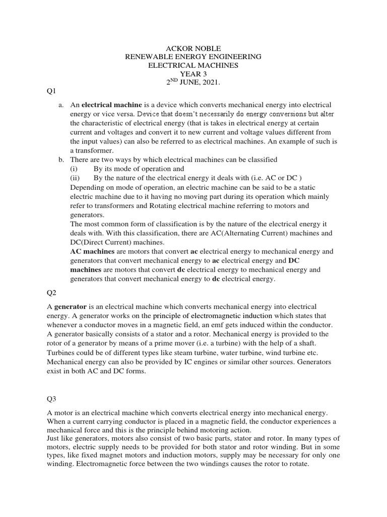 Assignment - Answered - Electrical Machines | PDF | Transformer | Electric Motor