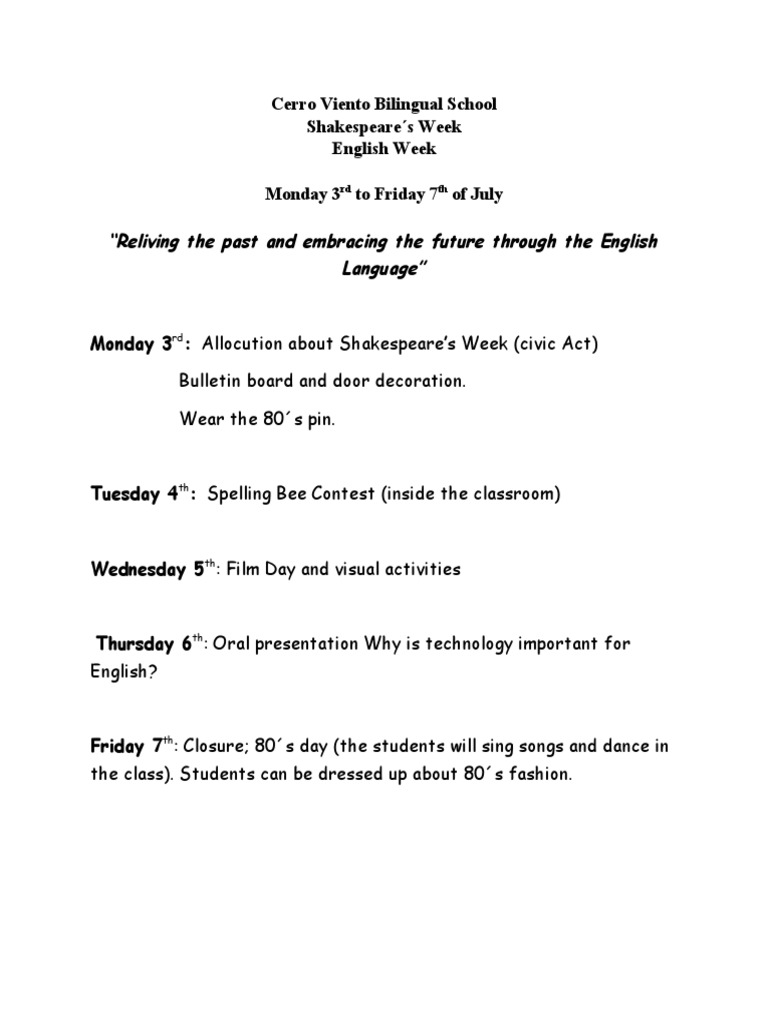 Cronograma de Actividades English Week | PDF